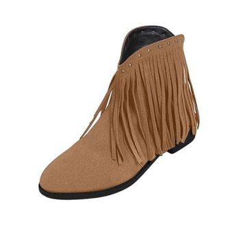 Generic Bottines pour femme &agrave; talon bas et franges, couleur unie, &eacute;l&eacute;gantes, bout pointu, r&eacute;tro, fermeture &eacute;clair dans le dos, bottes occidentales confortable