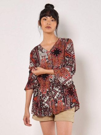 Apricot Blusentop Bluse mit Schaldruck mit Trompetenarmen