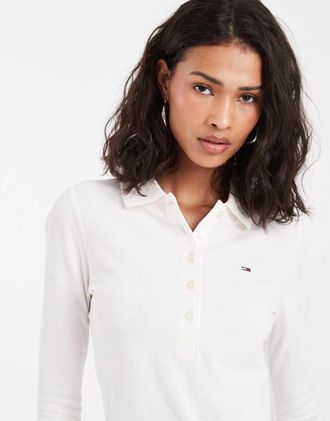 Tommy Jeans Polo ajust&eacute; &agrave; manches longues et logo drapeau - Blanc