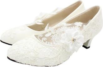 Holibanna Gatuida Chaussures de Mariage Blanches en Dentelle &agrave; Talons Moyens 5 CM Bout Ferm&eacute; Pompes D&eacute;coratives pour Femmes Chaussures de Banquet &Eacute;l&eacute;gantes pour