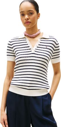 Tommy Hilfiger Damen Poloshirt Kurzarm Cable Sweater mit Knopfleiste, Mehrfarbig (Ivory Silk/Dark Night Navy STP), S