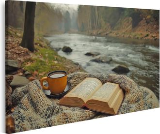 Islandburner Bild auf Leinwand Kaffee und Buch am nebligen Flussufer Bilder Wandbilder Poster