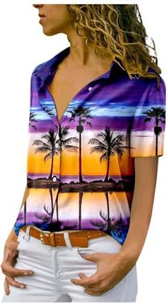 Generic Chemise hawaïenne tropicale amusante pour femme - Palmier hawaïen - Caraïbes - Chemise dété à manches courtes - Revers boutonné - Tenue florale décont