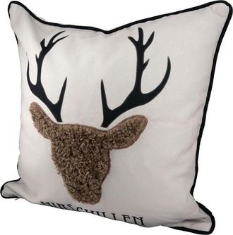 Gilde Kissen Hirschillen Creme/braun/schwarz mit Hirschkopf, R&uuml;ckseite aus Samt 100% Polyester mit Rei&szlig;verschluss bei 30 Grad waschbar H: 45 cm B: 45 cm 474