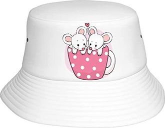 Generic Pliable Chapeau de Pêcheur Une Adorable Souris Tombe Amoureuse dans Une Tasse à café Pecheur Chapeaux Doux Été Bouchon De Seau pour Plage activités Go