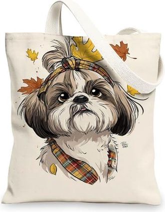 Generic Sacs fourre-tout en toile pour chien, motif animal mignon, sacs à provisions réutilisables, motif dessin animé, léger, lavable, beige, 13x15 Inch