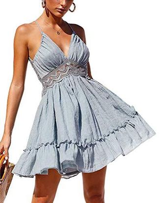 Minetom Femmes Chic Col V sans Manches Mini Robe en Dentelle Et&eacute; Sexy Taille Haute Dos Nu Mince Dress F&ecirc;te Soir&eacute;e Cocktail Bleu FR 44