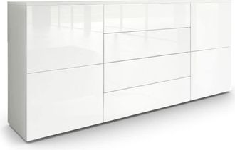 Vladon Sideboard Rova, Made in Germany, Kommode mit 4 Türen und 4 Schubladen, Weiß matt/Weiß Hochglanz/Weiß Hochglanz (166 x 72 x 35 cm)