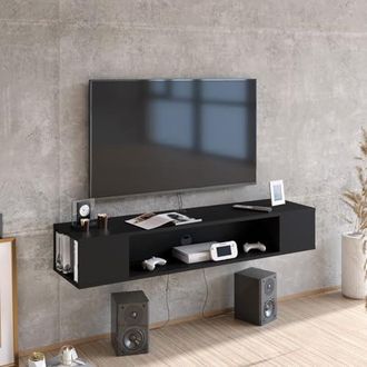 Hanah Home Modern Black TV Stand, 135 cm Wide, 100% Melamine Coated, 18 mm Thick | Wall-Mountable, Multiple Shelves, Stylish & Functional Design for Living Room