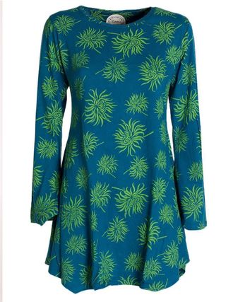 vishes Alternative Bekleidung - Langarm Damen Blumen-Tunika Shirt-Kleid Glocken&auml;rmel Baumwolle t&uuml;rkis 36-38