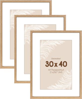 Wackadoo Bilderrahmen 3er Set 30x40 cm Eiche Fotowand Fotorahmen mit Glas Picture frame Holz mit Passepartout 21x30 DIN A4 (21x29,7)