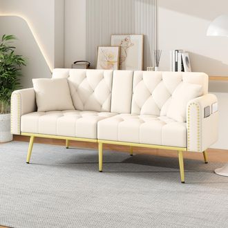 Generic Schlafsofa 3 Sitzer Samt mit Getr&auml;nkehalter Goldene Beine Couch mit Schlaffunktion Mittelarmlehne 3-Pos. Verstellbar Seitentaschen G&auml;stebett Kleine R&auml;