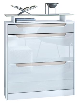 Vladon Schuhschrank Fiesta, Wei&szlig; matt/Wei&szlig; Hochglanz/Sandgrau Hochglanz Schuhkipper f&uuml;r 16 Paar Schuhe mit 2 Klappen (89 x 104 x 23 cm)