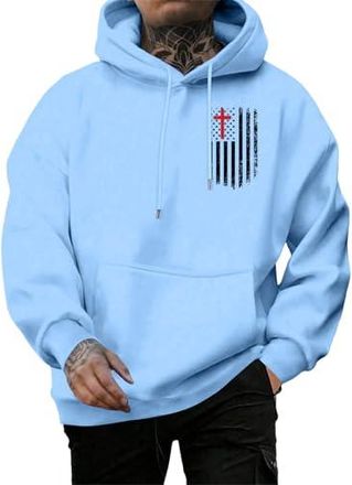 Generic Sweat &agrave; capuche chr&eacute;tien surdimensionn&eacute; pour homme, motif drapeau chr&eacute;tien avec croix | Pull &agrave; capuche pour lautomne et lhiver, bleu clair, XXL