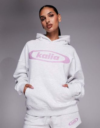 KAIIA Studio - Sweat &agrave; capuche densemble oversize en coton m&eacute;lang&eacute; avec logo imprim&eacute; - Gris/lilas-Multicolore
