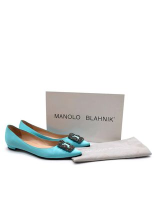 Manolo Blahnik Turquoise Flat Crystal Embellished Buckle Size 38.5