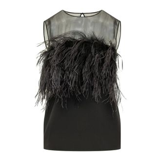 Alberta Ferretti Enver Satin Top with Feathers - Femme - Tops - Noir - Taille: 42 FR