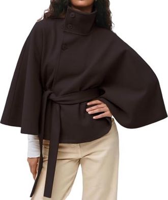 Generic Ponchos à manches chauve-souris pour femme, manteau court dhiver tendance, col montant, cape en laine, avec ceinture, marron, XXL