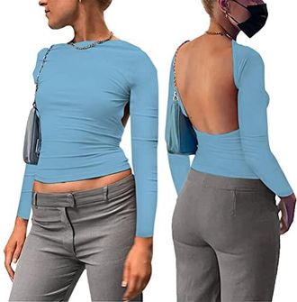 TOMWELL Femme Crop T-Shirt Casual À Manches Longues Vintage Sexy Backless T-Shirt Court Dété Slim Fit Décontractée Col Rond Blouse Fille Haut Chic Tunique Spo