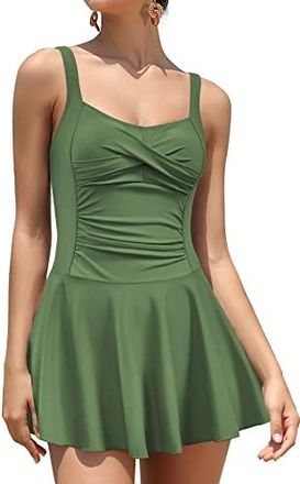 SHEKINI Maillot de bain une pièce rétro pour femme - Robe de bain élégante - Robe de bain plissée - Grande taille - Jupe de natation pour femme, vert olive, X