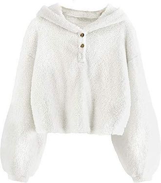 Generic Sweat &agrave; capuche teddy pelucheux &agrave; manches longues court pour filles - Couleur unie - Chaud - Ample - Boutonn&eacute; - Pull &agrave; capuche - Veste polaire sherpa 