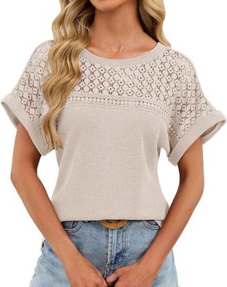 Generic Chemisier d&eacute;contract&eacute; &agrave; manches courtes et col rond pour femme | Chemise d&eacute;t&eacute; l&eacute;g&egrave;re textur&eacute;e pour un usage quotidien, le bureau, les vacances d&eacute;contr