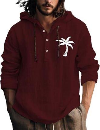 Generic Chemise en lin pour homme - En coton et lin - Boutonni&egrave;re - Manches longues - Avec capuche - Chemise d&eacute;contract&eacute;e confortable - Chemise d&eacute;t&eacute; l&eacute;g&egrave;re - 