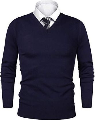 iClosam Pull Homme col V Cardin Hommes Pull en Maille Pull en Coton Classiques,Bleu, XXL