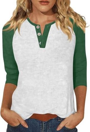 Generic Hauts dautomne pour femmes 2025 col en V manches 3/4 Henley chemises décontractées boutonnées patchwork chemisiers pour femmes tendance légers et conf