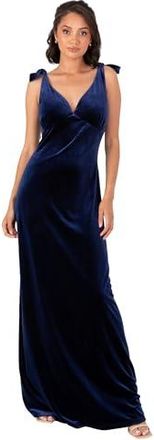Maya Womens Maxi Dress Ladies V-Neckline Sleeveless Velvet Bow Shoulder Tie-Straps A-Line Evening Occasion Prom Ball Gown, Bleu Marine 42