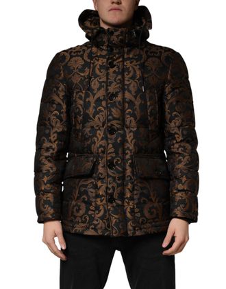Dolce & Gabbana Mens Black Floral Jacquard Quilted Hooded Jacket Polyester Clothing