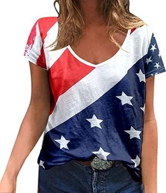 Janly T-shirts Personnalis&eacute; Peint &agrave; la Main Femme T-shirt avec Drapeau Am&eacute;ricain Col en V pour le Jour de lInd&eacute;pendance T-shirt surdimensionn&eacute; pour Femmes G