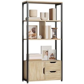 HOMCOM Bibliothèque Style Industriel 3 étagères Placard Porte 2 tiroirs Panneaux Particules Effet Bois Naturel Acier Noir