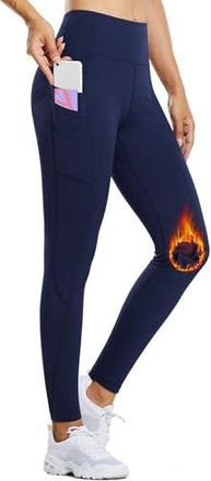 Baleaf Warm Leggings Femmes Hiver Leggings Taille Haute Sport Leggings avec Poches Leggings Laine Yoga Pantalons Hiver Pantalons imperméables Bleu 3XL