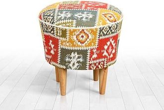 Atelier Del Sofa Stylish Pouffe with Wooden Legs, 42 cm Height x 42 cm Depth | 100% Polyester, 6 cm Orthopedic Sponge | Bohemian Rustic Design for Home & Entertainment