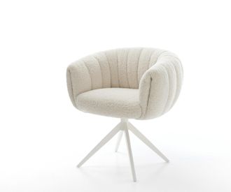 DELIFE Drehstuhl Jada-Flex Teddystoff Beige Kreuzgestell breit Wei&szlig; 360&deg; drehbar Wippfunktion Taschenfederkern, Esszimmerst&uuml;hle