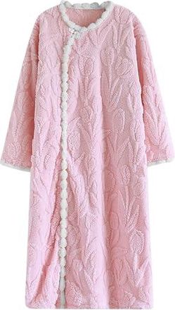 Generic Womens Texture Flower Plush Robe Soft Warm Fleece Bathrobe Winter House Coat Long Robes Loungewear robe de chambre chaude femme hiver (Pink, XL)
