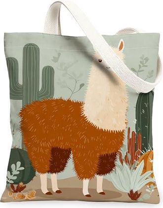 Generic Sacs fourre-tout en toile motif lama boh&egrave;me, sacs d&eacute;picerie r&eacute;utilisables, l&eacute;gers et lavables avec bandouli&egrave;re, marron, 13x15 Inch