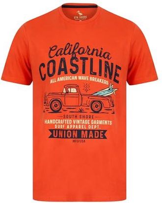 Sth. Shore T-shirt à col rond en jersey de coton pour homme « Ballycastle » vintage rétro, Corail chaud, L