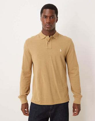 Polo Ralph Lauren Polo ajust&eacute; en piqu&eacute; avec manches longues et logo embl&eacute;matique - Fauve-Brown