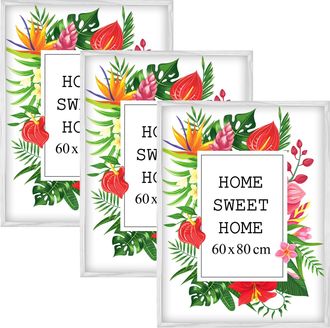 MG Design Set aus 3 Wei&szlig; Bilderrahmen 60 x 80 cm - Aus echtem Holz mit Acrylglas, zum Aufh&auml;ngen & Aufstellen, f&uuml;r Fotos, Poster & Puzzle