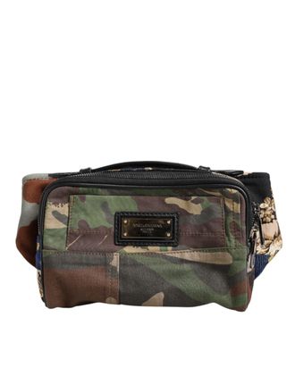 Dolce & Gabbana Mens Multicolor Camouflage Patchwork Logo Waist Fanny Pack Bag Cotton Leather Viscose
