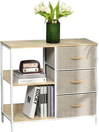 HOMCOM Commode Meuble de Rangement avec 3 tiroirs en Tissu Amovibles, 2 étagères et 1 Grand Plateau - 80 x 29 x 71 cm - Beige