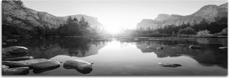 Paul Sinus Art Leinwandfoto als Panorama SCHWARZ/WEISS 120x40cm Yosemite Berge Wald Fluss Sonnenaufgang