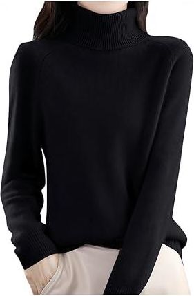 Generic Pull pour femme, pull &agrave; col roul&eacute; pour femme, pull basique l&eacute;ger en tricot doux, col haut, manches longues, Noir, XXL