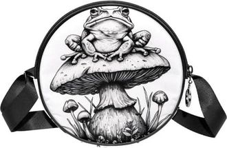 Generic Sac &agrave; bandouli&egrave;re rond pour femme, motif champignon grenouille, petit sac &agrave; bandouli&egrave;re avec fermeture &eacute;clair, bretelles r&eacute;glables, sac &agrave; main rond d&eacute;