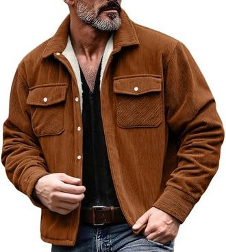 Generic Veste dhiver en velours côtelé pour homme avec fermeture éclair intégrale et col à revers décontracté avec poches, veste ample coupe-vent chaude pour 