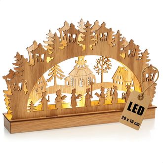 Com-Four LED Schwibbogen aus Holz - 29 x 19 cm - dekorativer Lichterbogen mit Winterdorf-Motiv - Weihnachtsdeko f&uuml;r Fensterbank & Tisch (1 St&uuml;ck - Dorf)