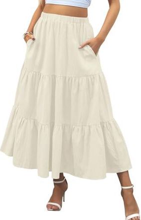 Zeagoo Jupe longue d&eacute;t&eacute; pour femme - Taille haute - &Eacute;l&eacute;gante - Jupe trap&egrave;ze - Jupe longue d&eacute;contract&eacute;e - Jupe &eacute;lastique avec poches - Tailles S &agrave; XXL, ivoire