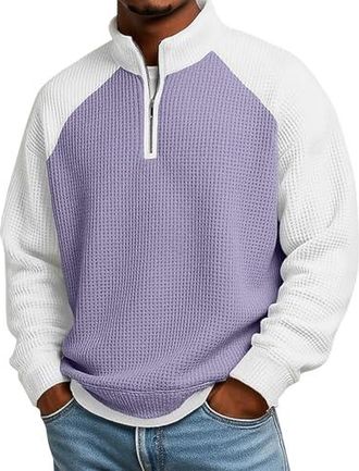 Generic Sweat d&eacute;contract&eacute; &agrave; col montant et fermeture &eacute;clair contrast&eacute;e pour homme, coupe ample, pull polo tricot&eacute; textur&eacute;, violet, 3XL